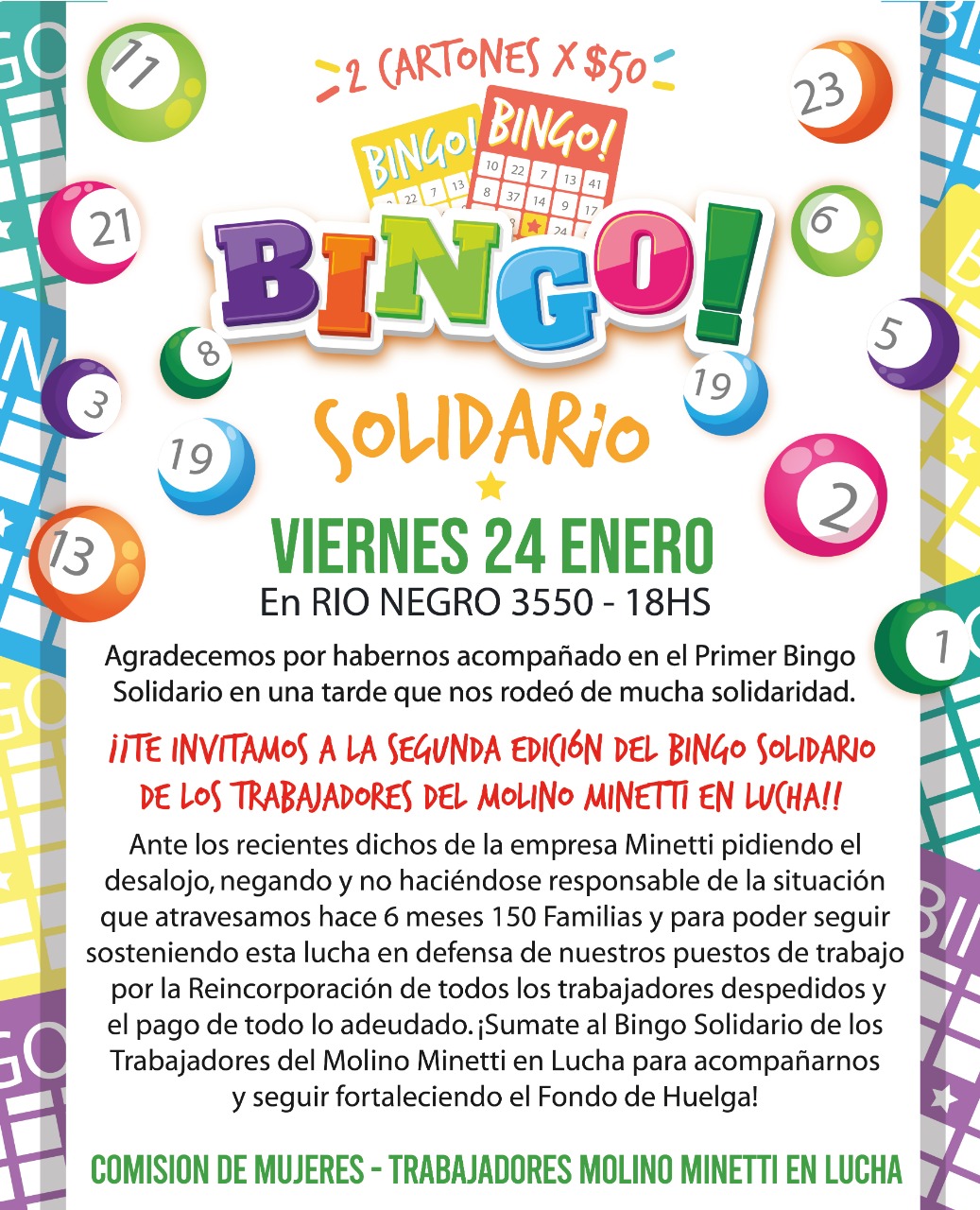 Convocan a un bingo solidario para apoyar a la lucha en Molinos Minetti